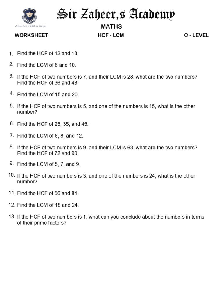 HCF and LCM Worksheet for O-Level | PDF