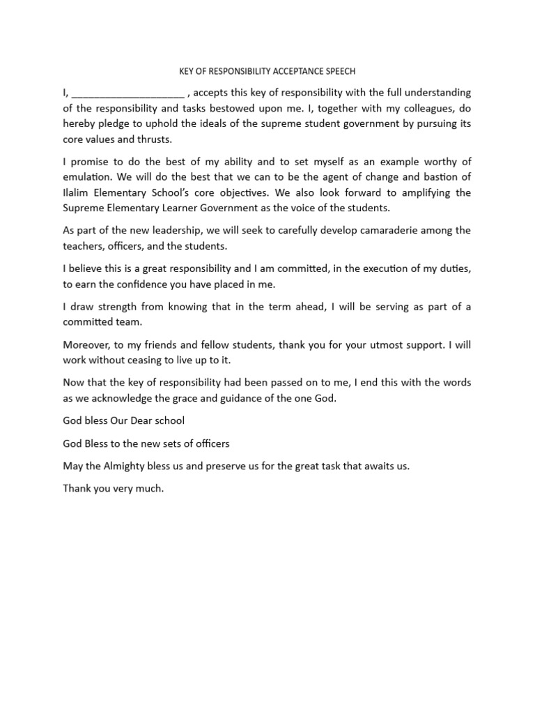 Key of Responsibility Acceptance Speech | PDF