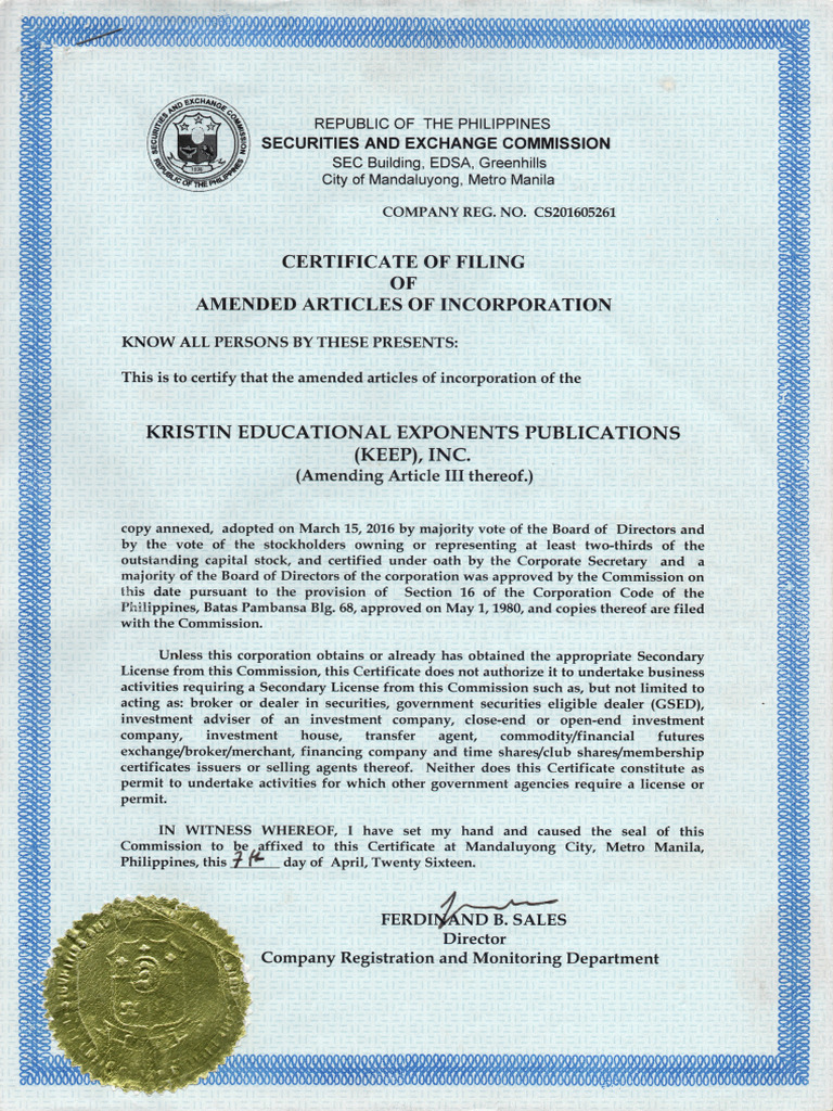 Keep SEC Amended Certificate | PDF