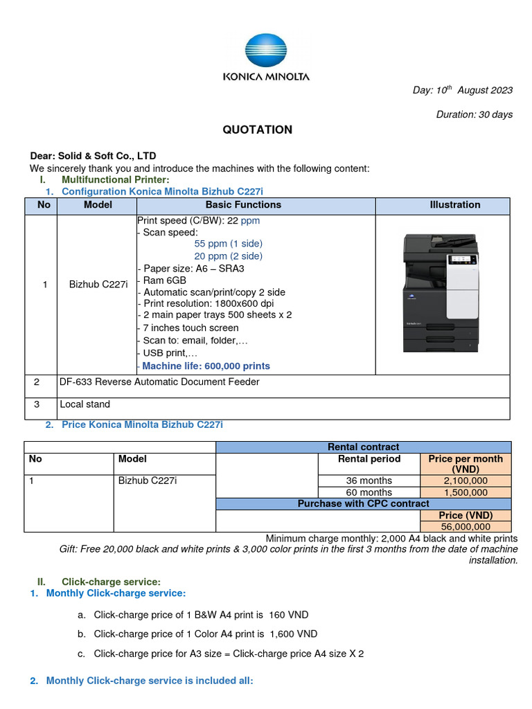 KONICA MINOLTA - QUOTATION C227i - CPC | PDF | Image Scanner | Printer ...