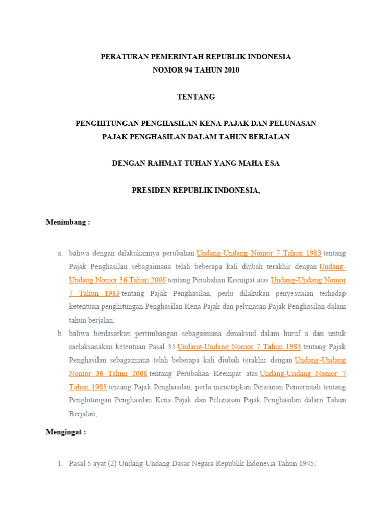 PP 94 Tahun 2010 Jo. PP 45 Tahun 2019 Tentang Juklak PPH Badan | PDF