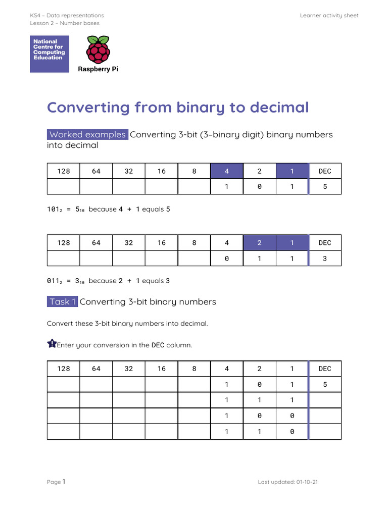 A2 Activity Sheet - Converting From Binary To Decimal | PDF | Decimal ...