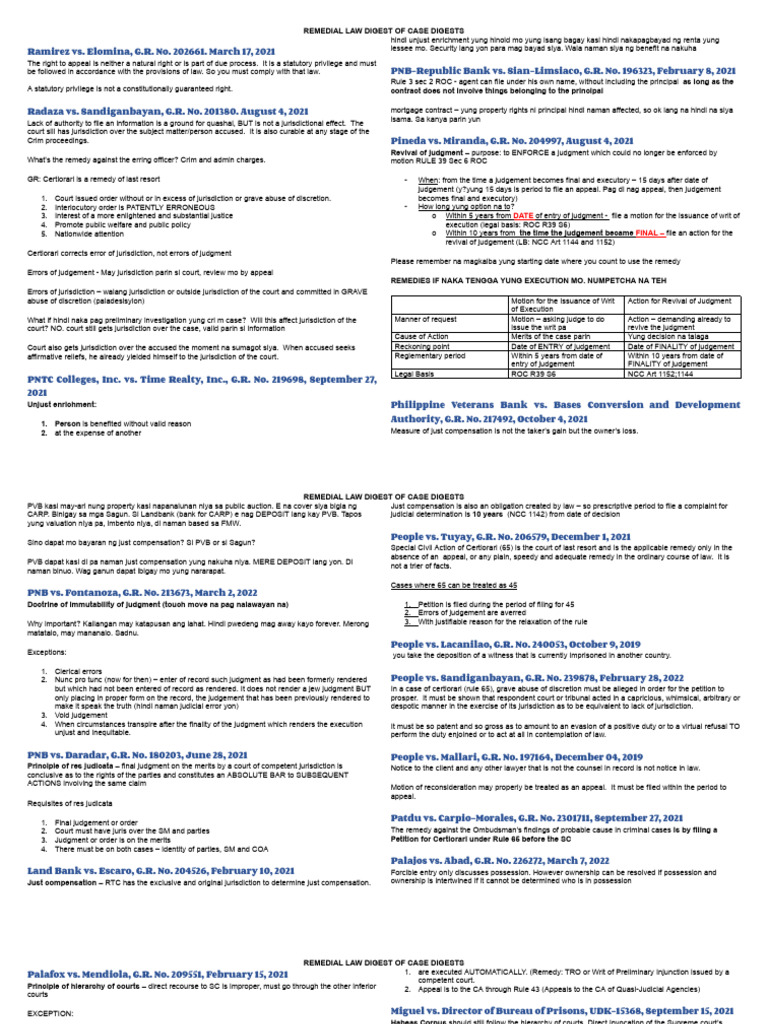 DIGEST NOTES - Remedial Law | PDF | Judgment (Law) | Certiorari