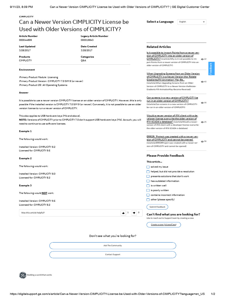Can A Newer Version CIMPLICITY License Be Used With Older Versions of CIMPLICITY - GE Digital ...