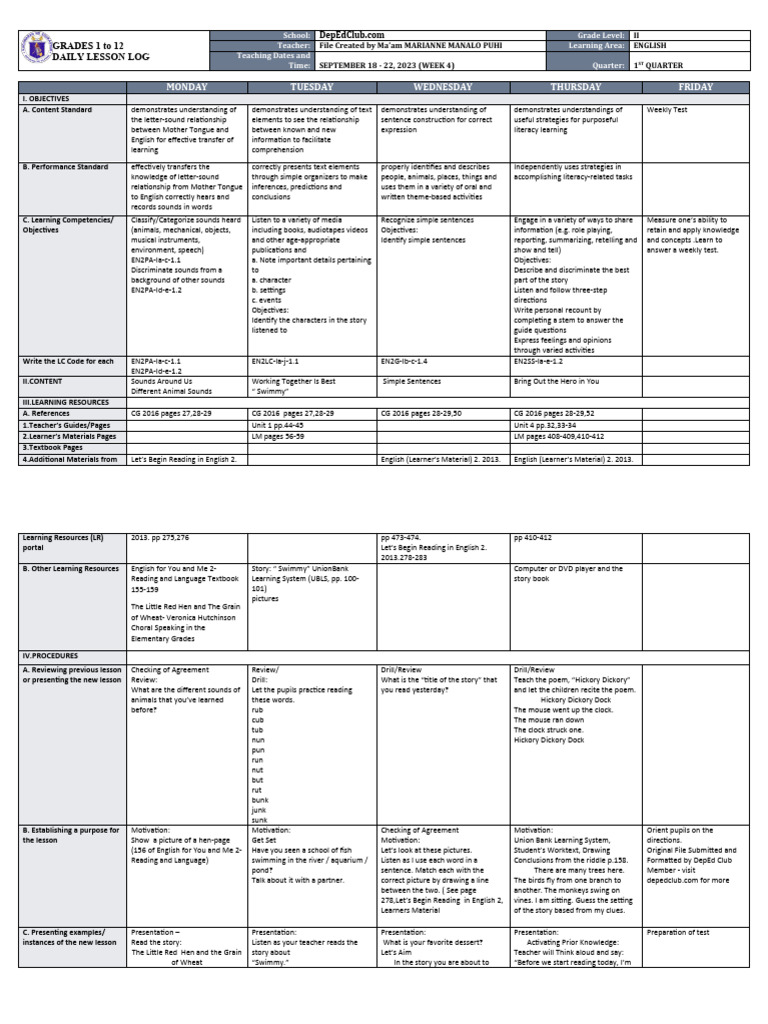 DLL - English 2 - Q1 - W4 | PDF | Understanding | English Language