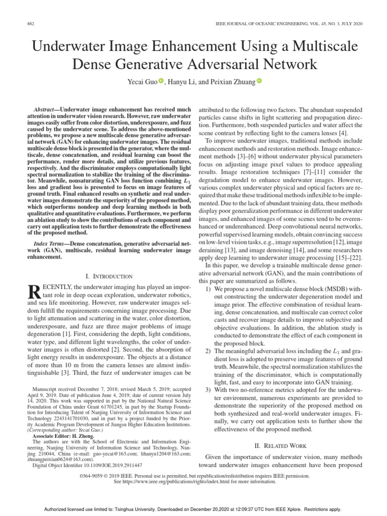 Underwater Image Enhancement Using A Multiscale Dense Generative Adversarial Network | PDF ...