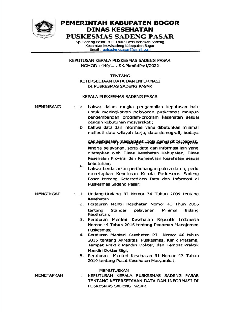 PDF 124 Ep 1 SK Ketersediaan Data Dan Informasi Di Puskesmas - Compress | PDF
