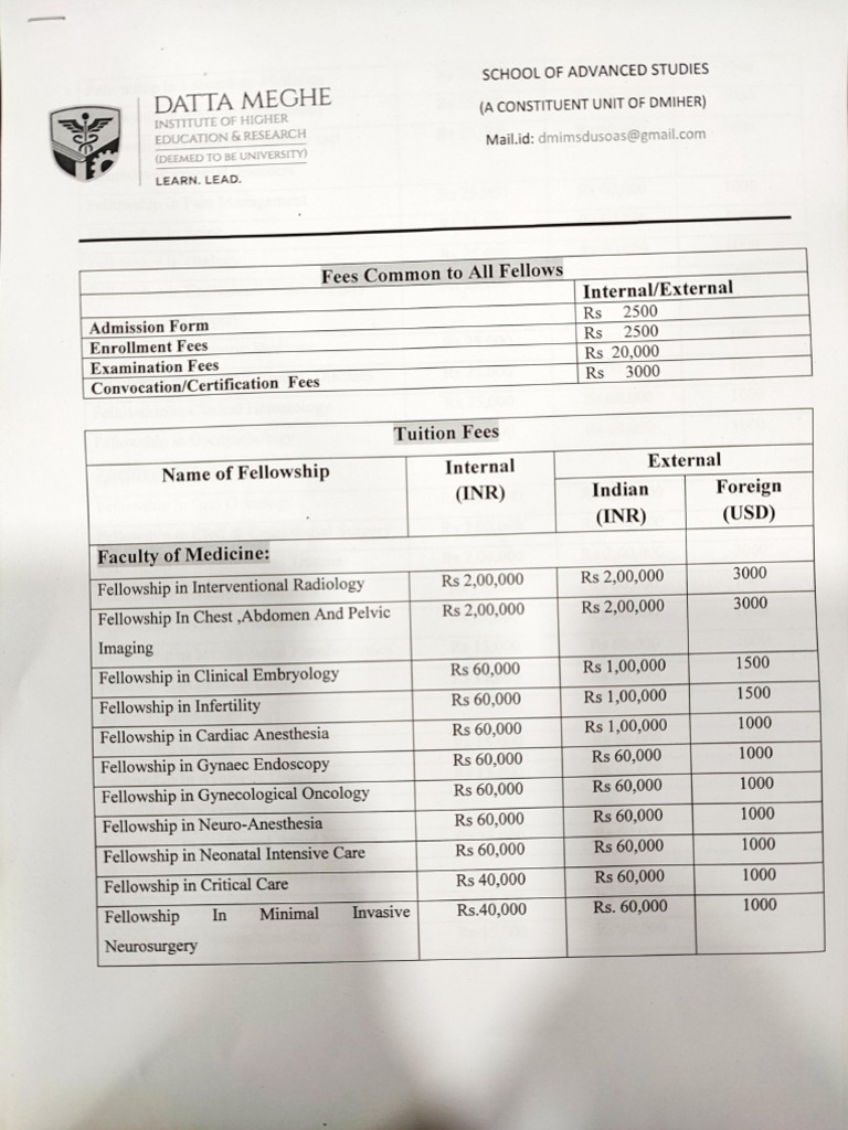 FELLOWSHIP Fees Structure 2023 24 | PDF