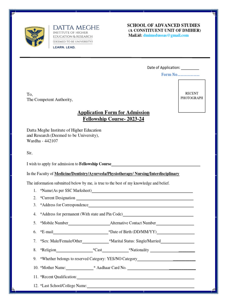 Fellowship Course Admission Form 2023-24 | PDF | Doctor Of Medicine