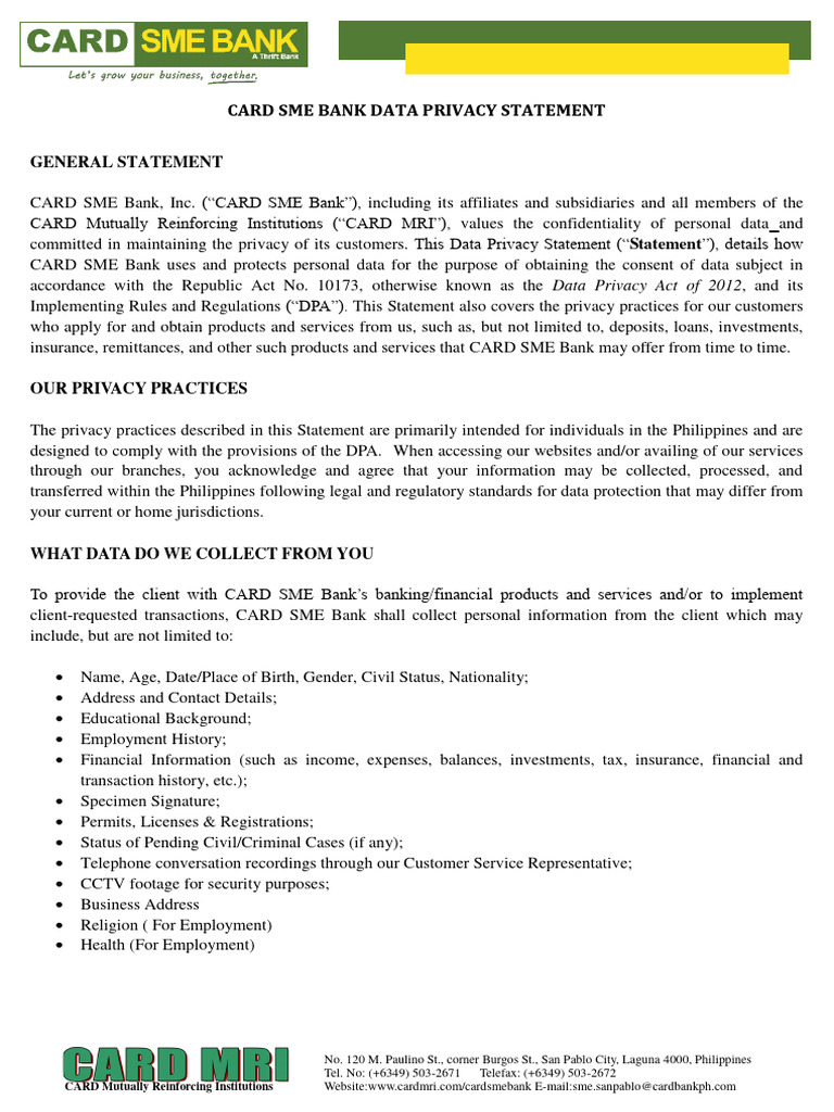 CARD SME Bank Privacy Statement 1 | PDF | Banks | Privacy