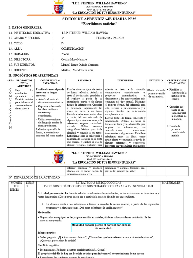Sesión de Aprendizaje Comuni N35 | PDF Sesión de Aprendizaje Comuni N35 | PDF
