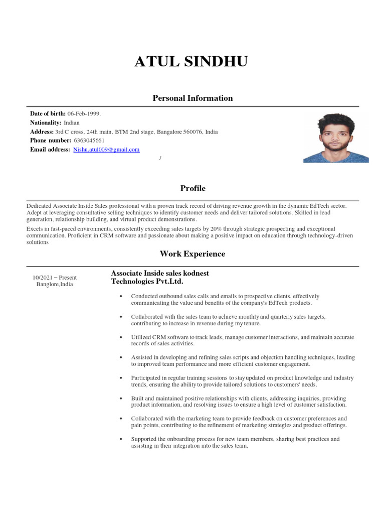 Atul Sindhu Resume PDF-2-2 | Download Free PDF | Sales | Customer Relationship Management