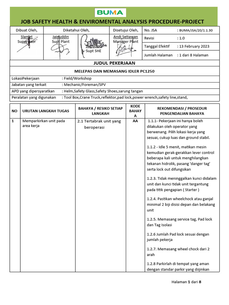 Prosedur JSA: Melepas & Memasang Idler | PDF