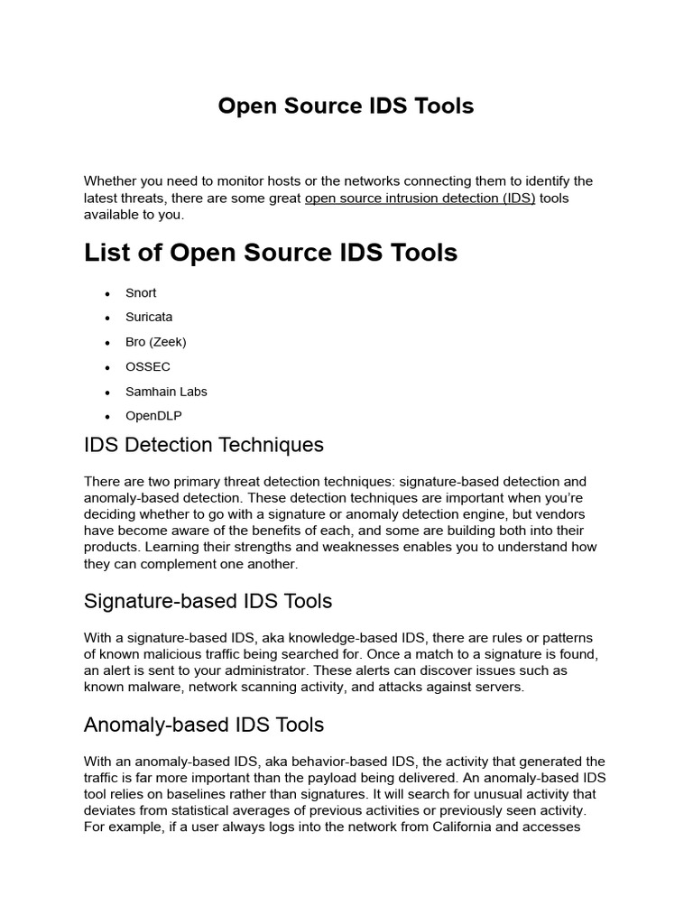 Open Source IDS Tools | PDF | Computer Architecture | Systems Engineering