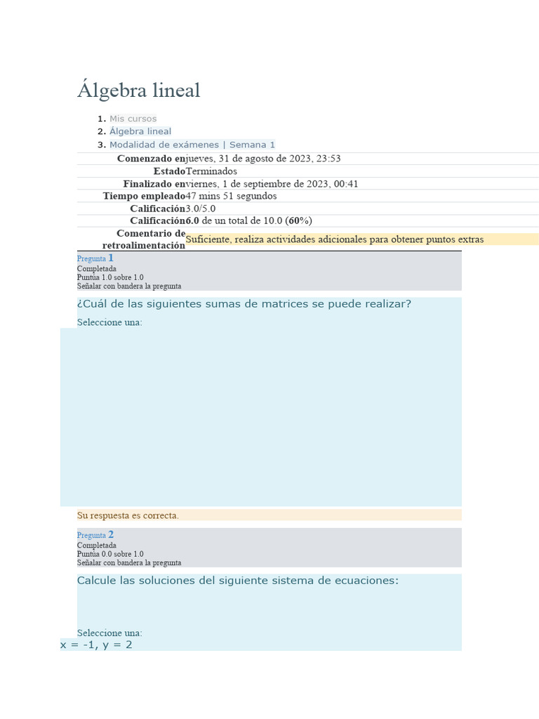 Examen Semana 1 Algebra Lineal UTEL | PDF
