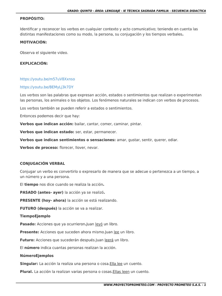 Verbos: Guía para Quinto Grado | PDF | Verbo | Conjugación gramatical