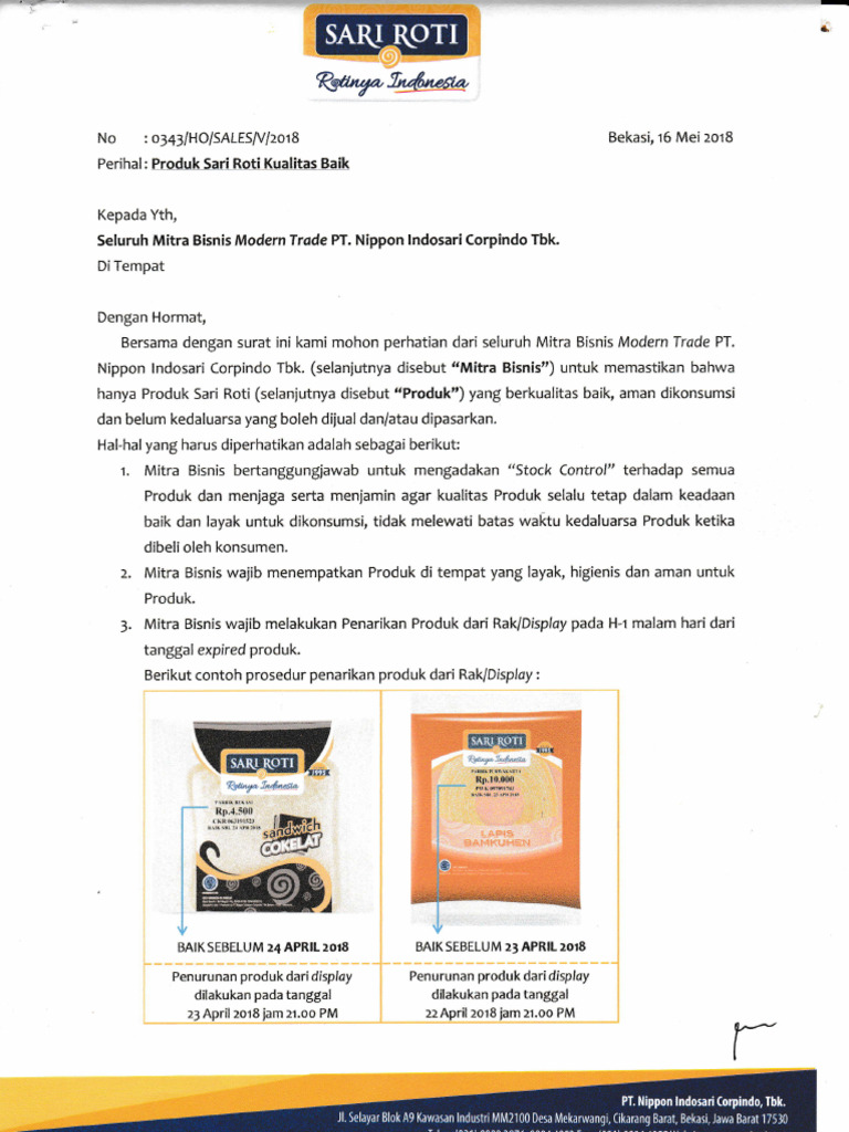 Surat Ketentuan Penarikan Return Sari Roti | PDF