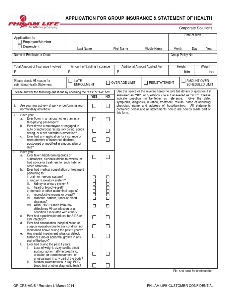 Group Insurance Application & Health Statement | PDF | Insurance | Hiv/Aids