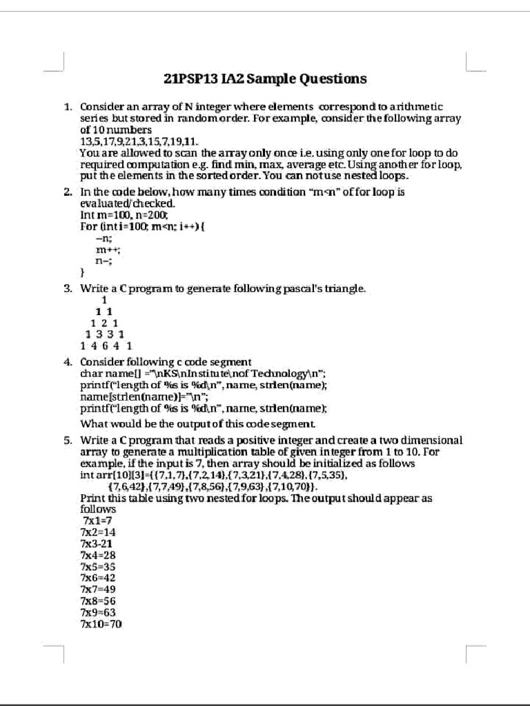 PSP Internal Assessment 2 Sample Questions | PDF | Pointer (Computer Programming) | Control Flow