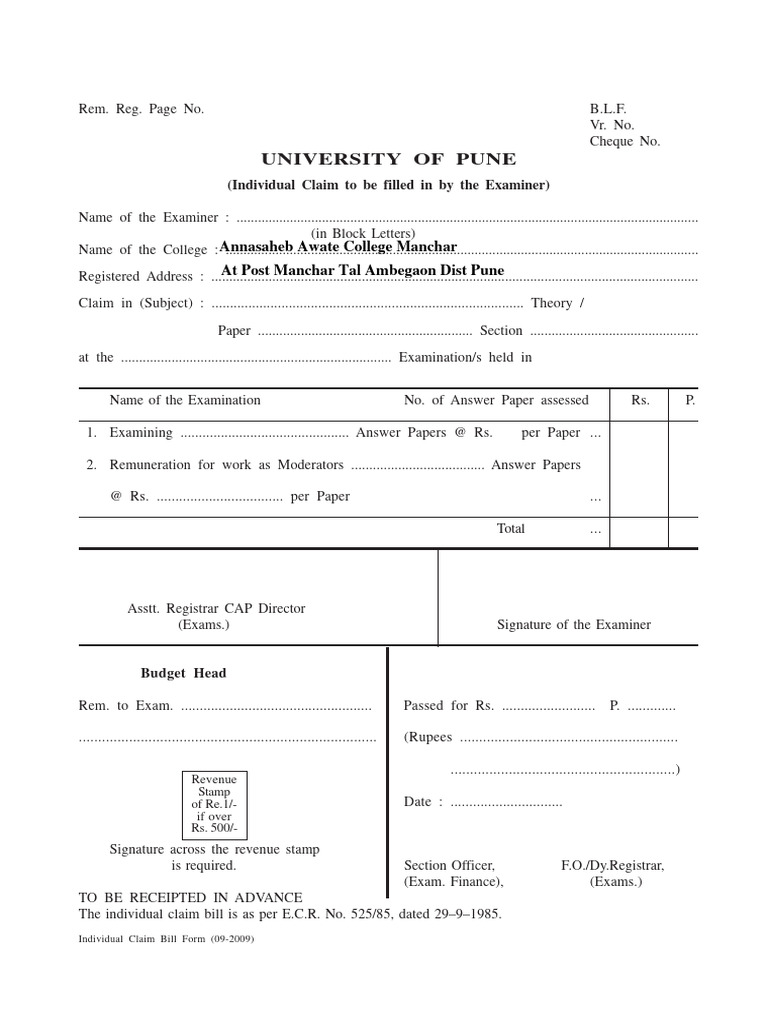 Individual Claim Bill Form (Editable) | PDF