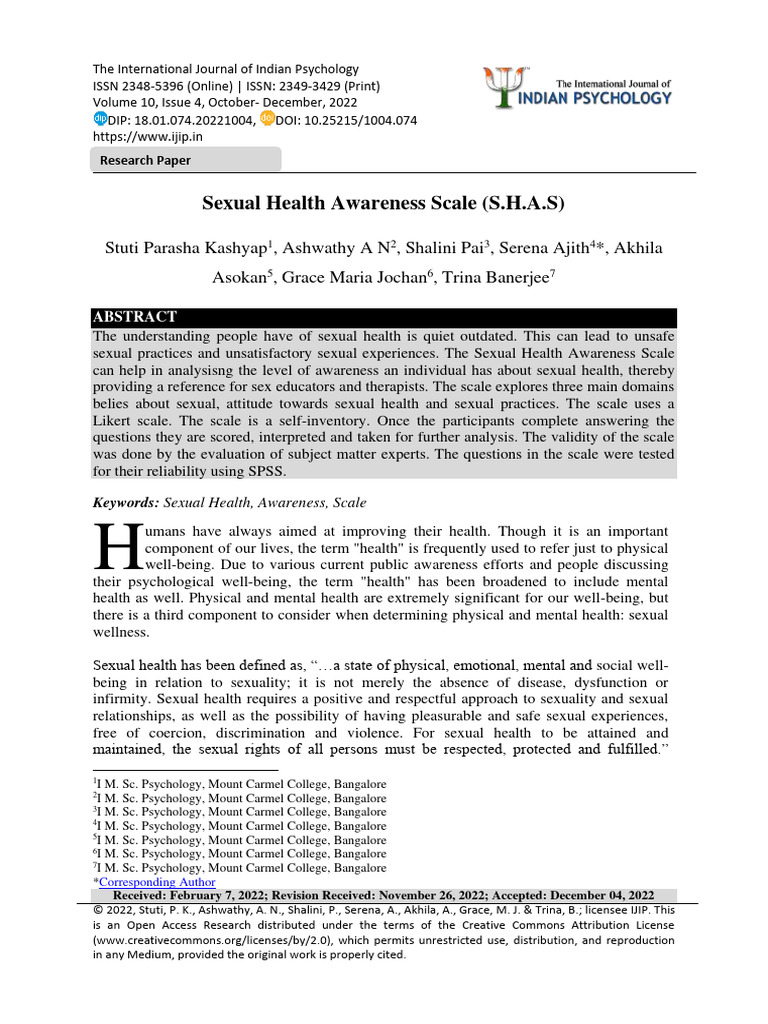 Sexual Health Awareness Scale Pdf Adolescence Sex Education