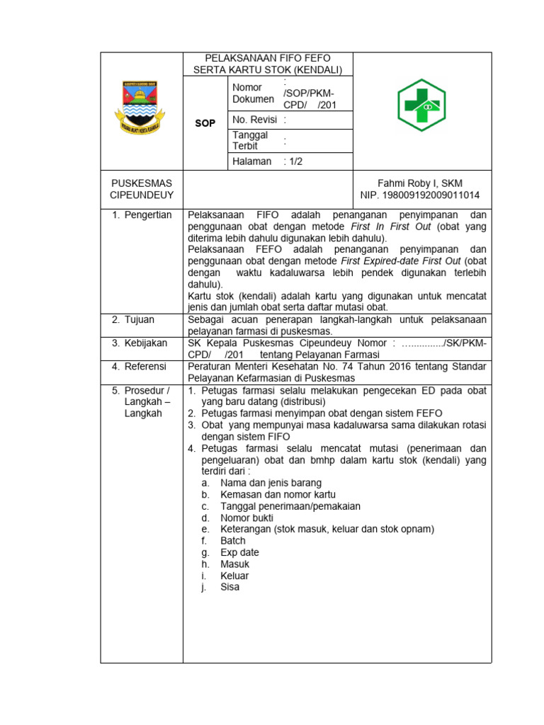 SOP Pelaksanaan FIFO dan FEFO Obat | PDF