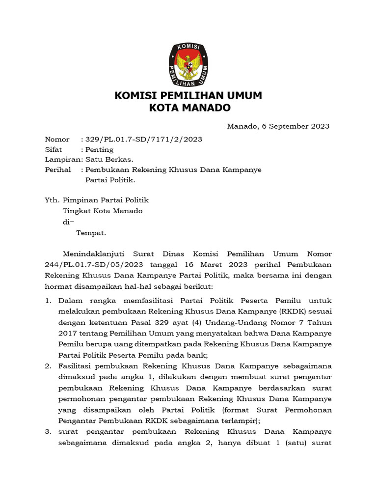 Surat Penyampaian Pembukaan RKDK Ke Partai Politik Peserta Pemilu 2024 | PDF