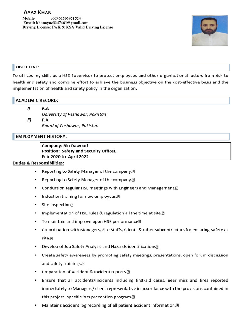 Safety Officer CV for Ayaz Khan | PDF | Occupational Safety And Health ...