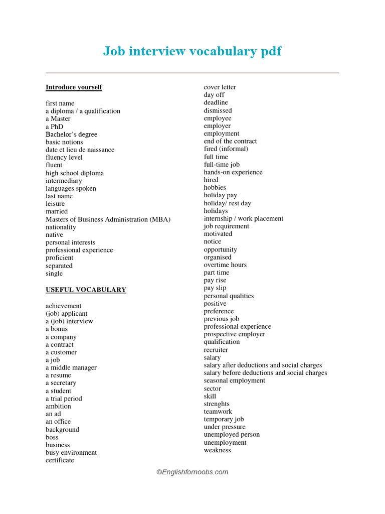 Job Interview Vocabulary | PDF | Employment | Salary