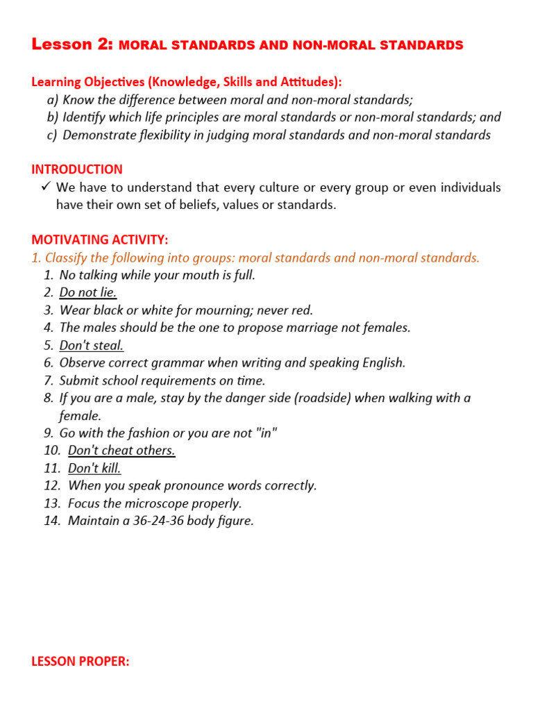 ETHICS LESSON 2 Moral and Non Moral Standards | PDF | Morality | Etiquette