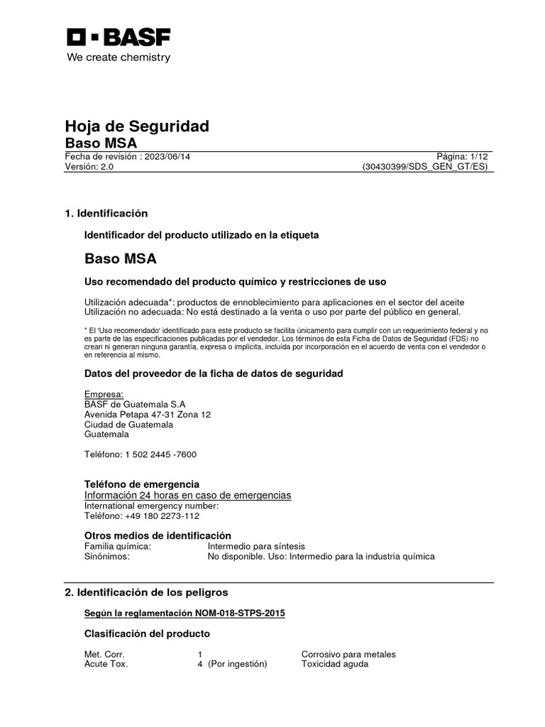 Baso+MSA 000000000030430399 SDS GEN GT Es 2-0 | PDF | Agua | Toxicología