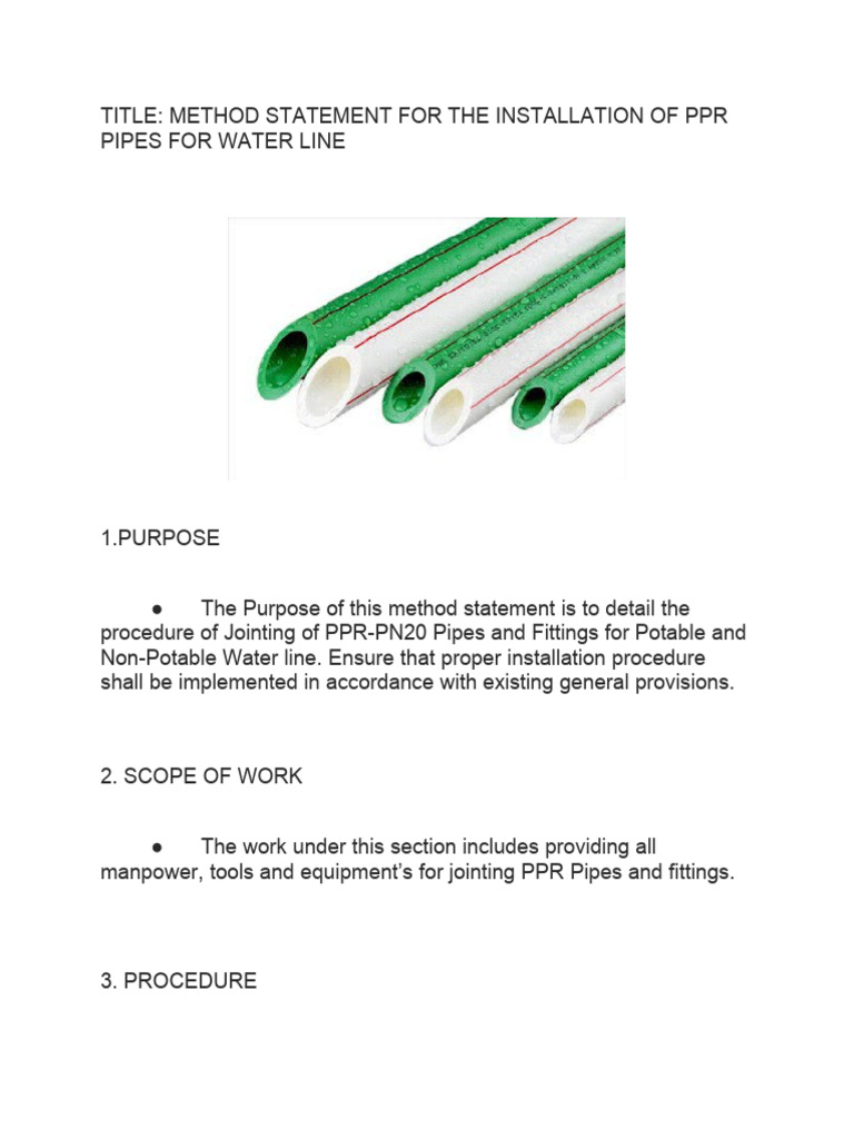 Method Statement For The Installation of PPR Pipes For Water Line | PDF