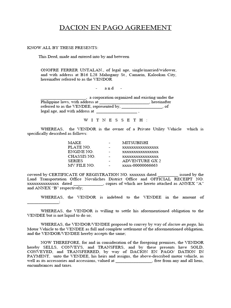 Dacion en Pago: Vehicle Settlement | PDF | Government | Justice