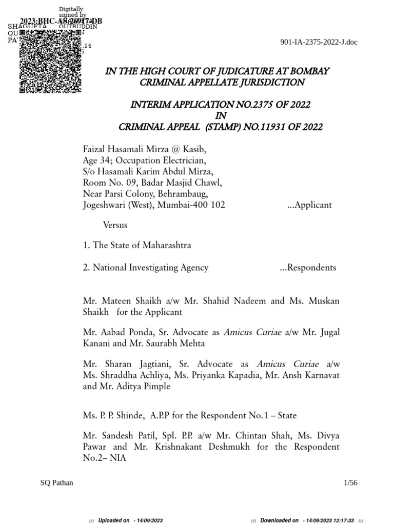Faizal Hasamali Mirzab V State of Maharashtra NIA | Download Free PDF | Judgment (Law) | Appeal