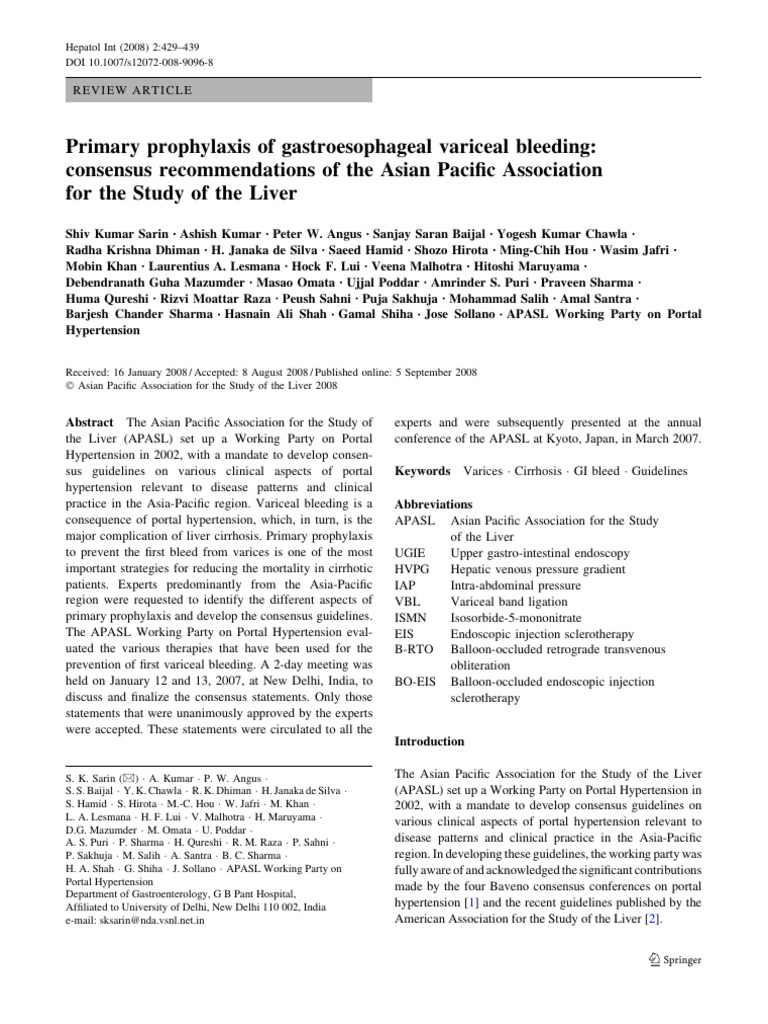 APASL Guidelines on Variceal Bleeding | PDF | Cirrhosis | Preventive ...