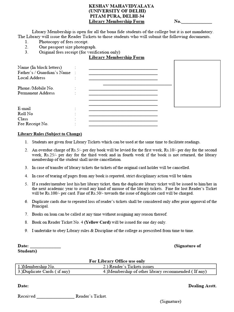 Library Membership Form | PDF | Libraries | Government And Personhood