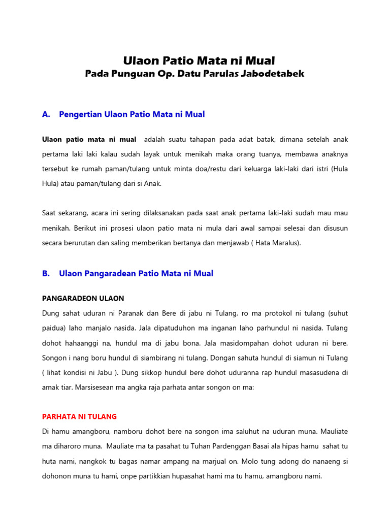 Ulaon Patio Mata Ni Mual Op. Datu Parulas Borsak Sirumonggur Jabodetabek | PDF