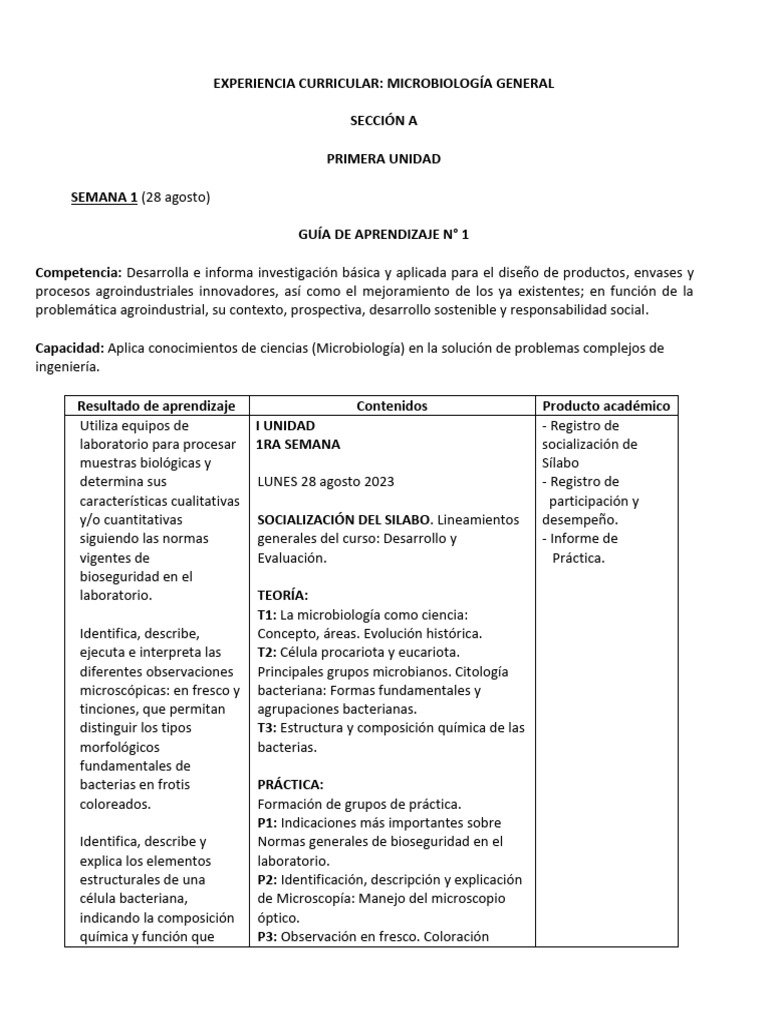 Guía de Aprendizaje - Sem 01 - Sección A 2023 II | PDF | Las bacterias | Biología Celular)