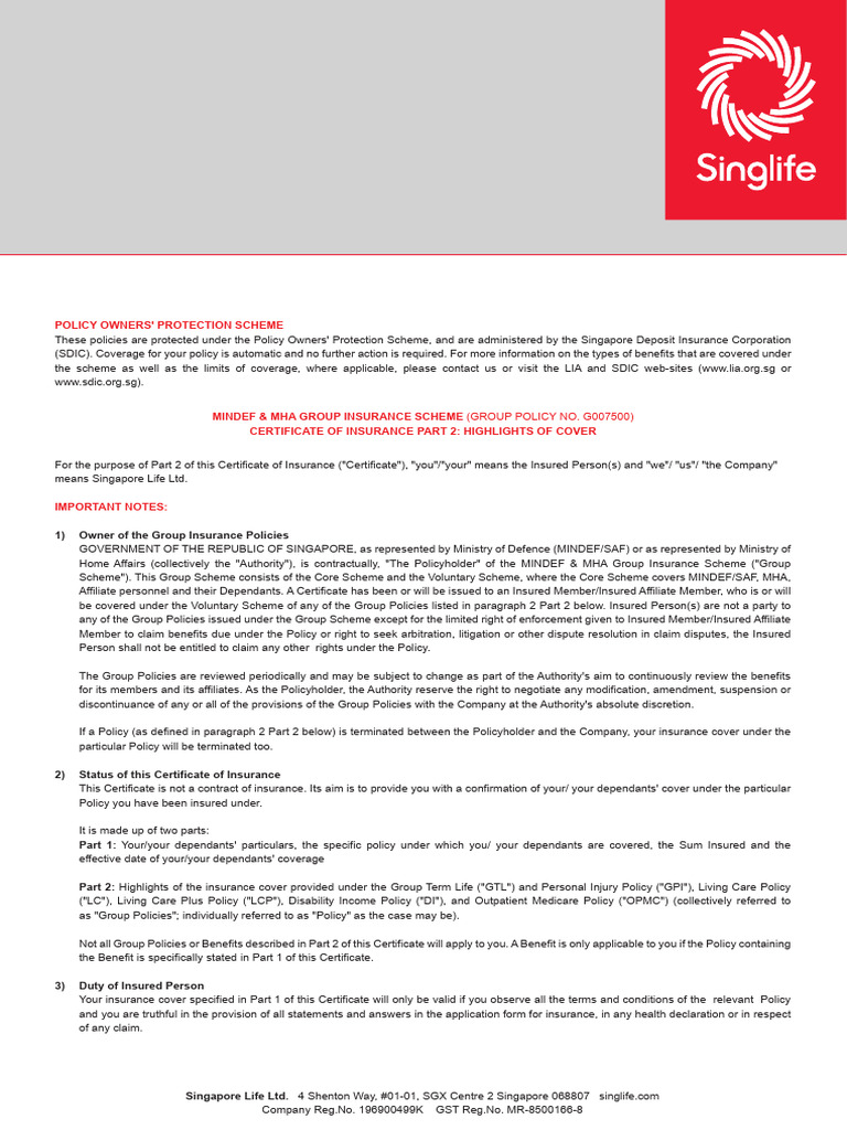 Mindef Benefit Summary | PDF | Finger | Insurance