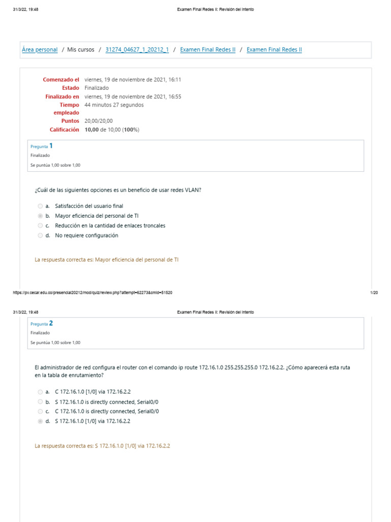 Examen Final Redes II - Revisión Del Intento | PDF | Enrutador (Computación) | Conmutador de red