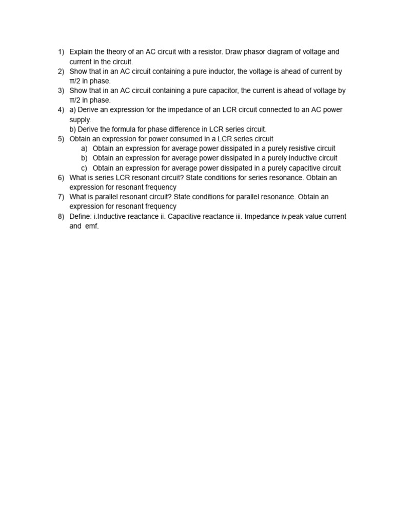 AC Circuit Questions Based On Derivation | PDF AC Circuit Questions Based On Derivation | PDF