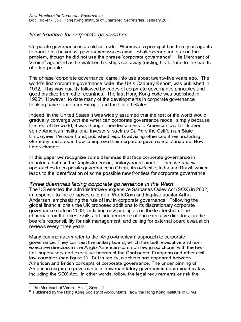 Bob Tricker - New Frontiers For Corporate Governance | PDF | Corporate Governance | State Owned ...