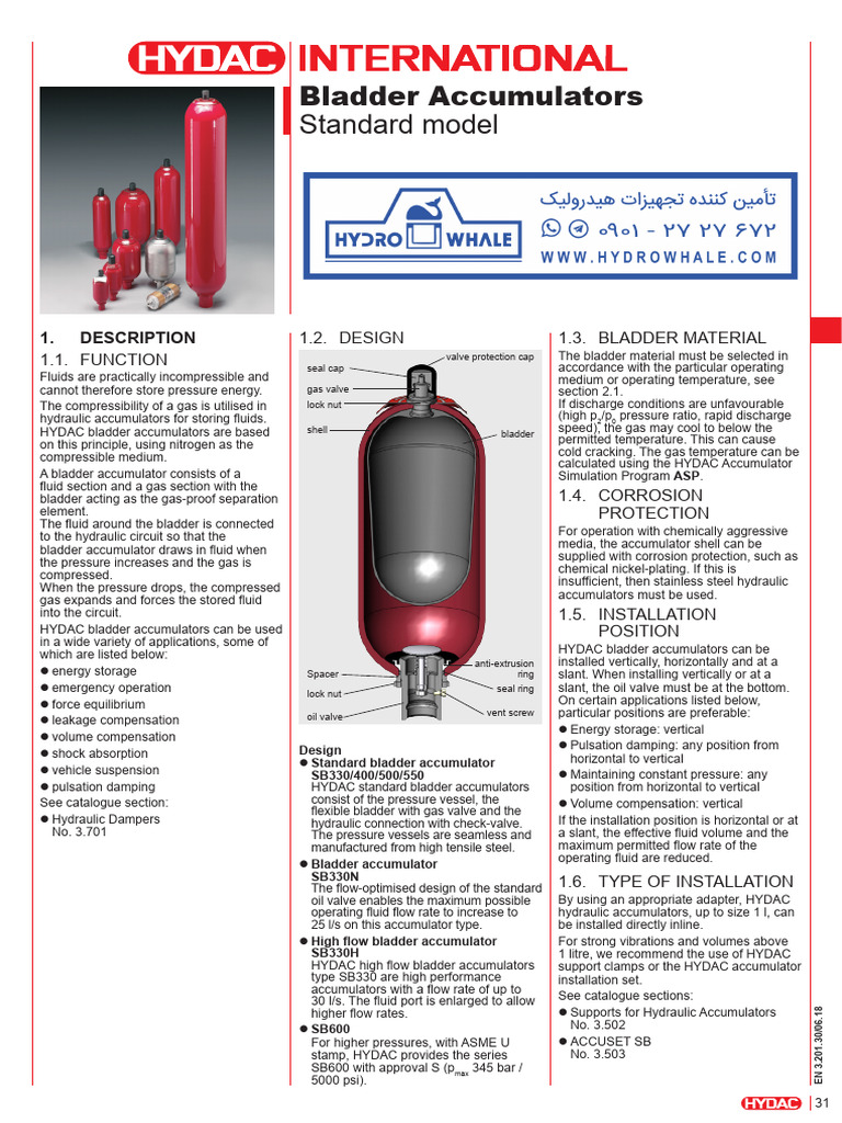 Hydac Bladder AccumulatorsStandardHigh Pressure | PDF | Gases | Process Engineering