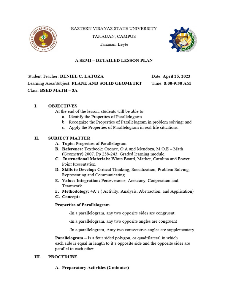 Parallel Lines Cut by A Transversal - Deniel Lesson Plan 3 | Download Free PDF | Euclid ...