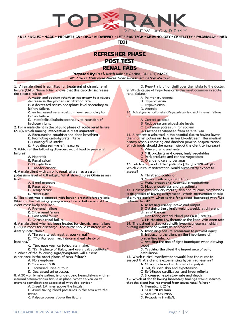 Renal FABS Review for Nursing Exam | PDF | Causes Of Death | Medicine