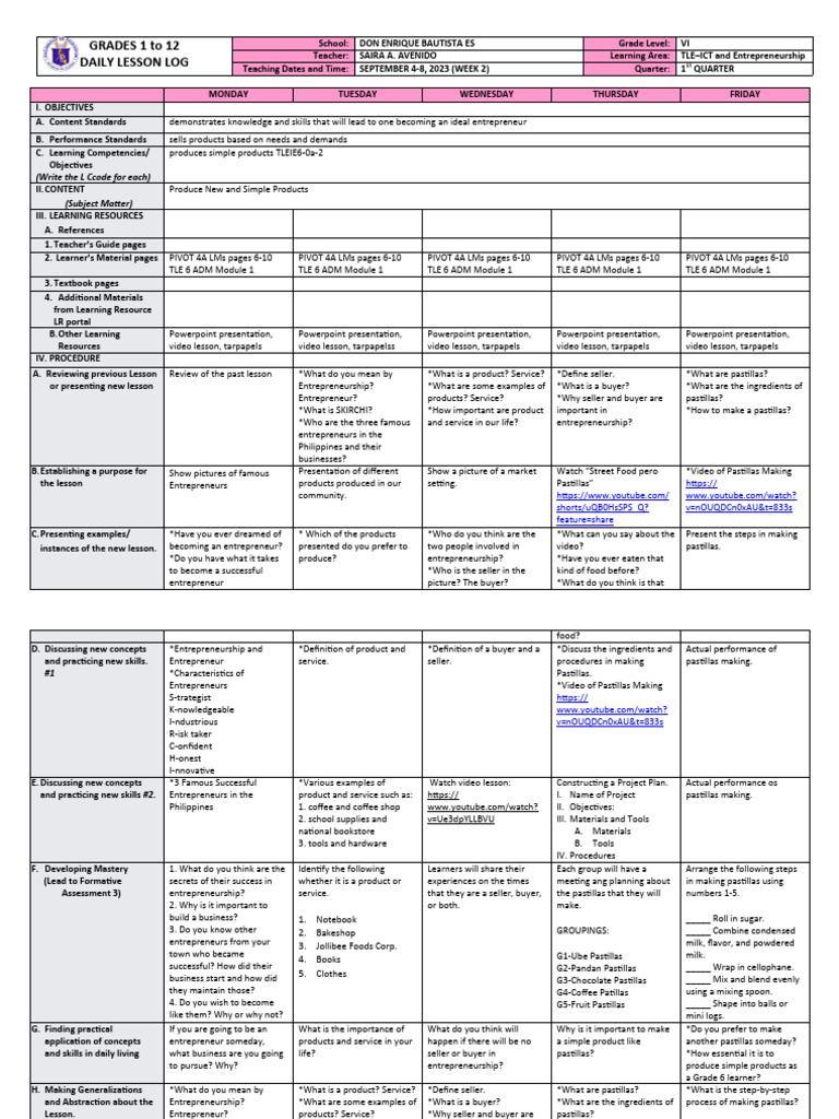 DLL Tle 6 Ict W1 | Download Free PDF | Entrepreneurship | Learning