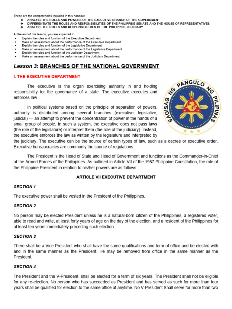 Lesson 3 Branches of The Government Legislative Executive Judiciary ...