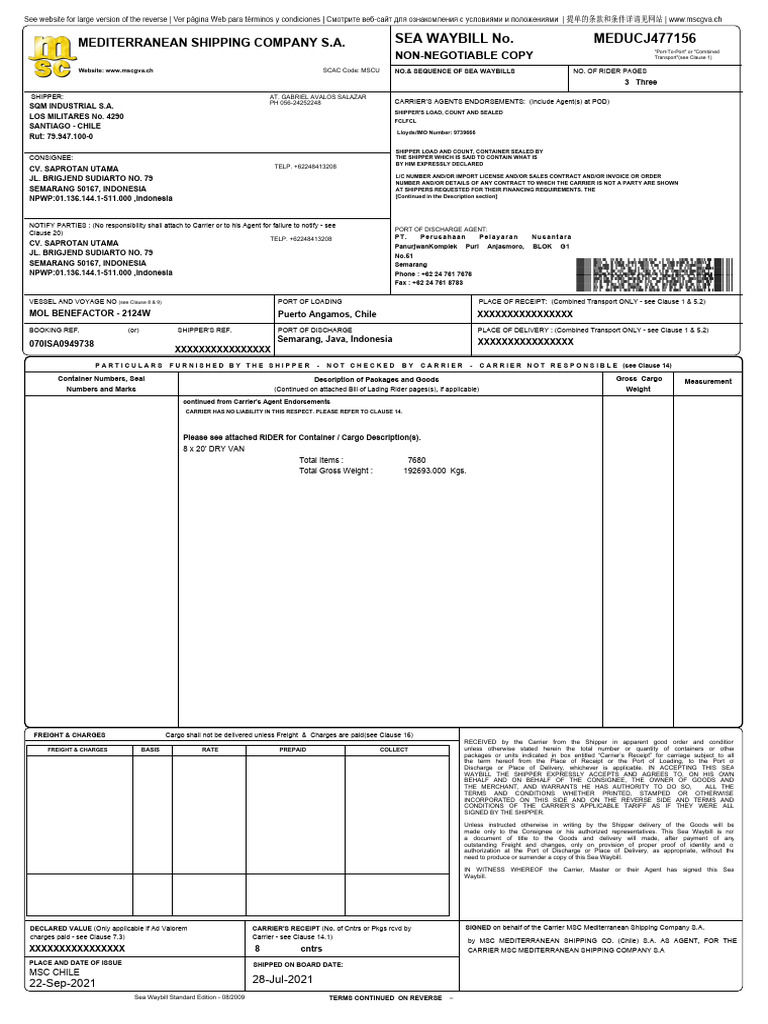BL MEDUCJ477156 Sea Waybill | PDF | Cargo | Bill Of Lading