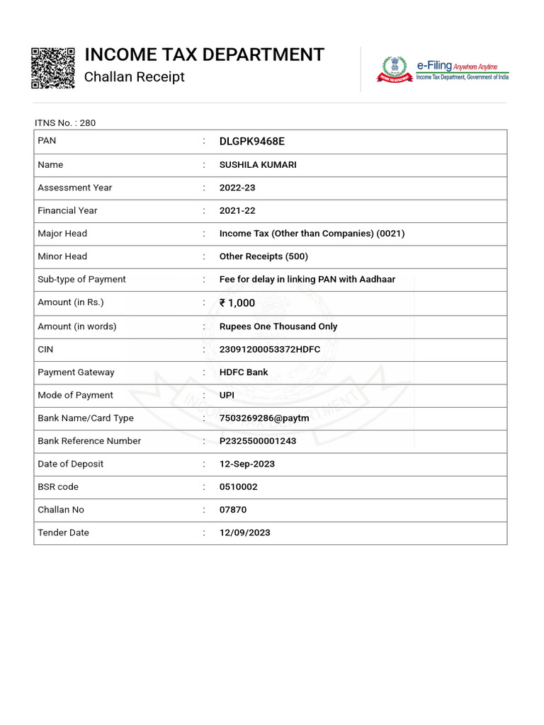 23091200053372HDFC ChallanReceipt | PDF | Payments | Taxes