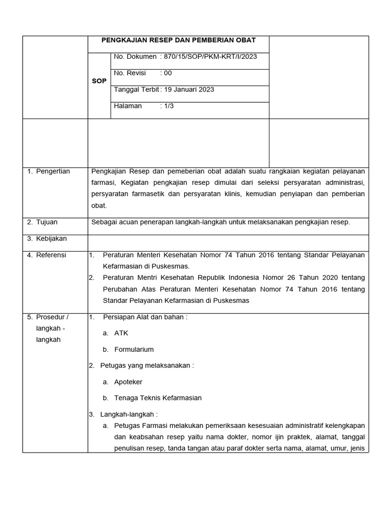 SOP Pengkajian Resep | PDF | Pengembangan Diri | Kesehatan Holistik